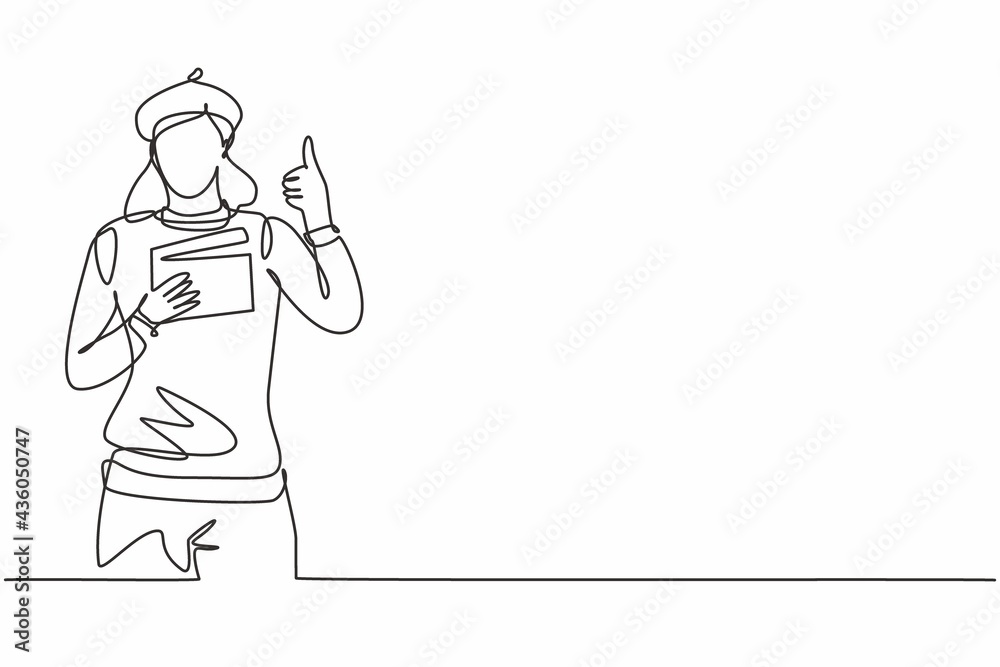 Continuous one line drawing female film director with a thumbs-up ...