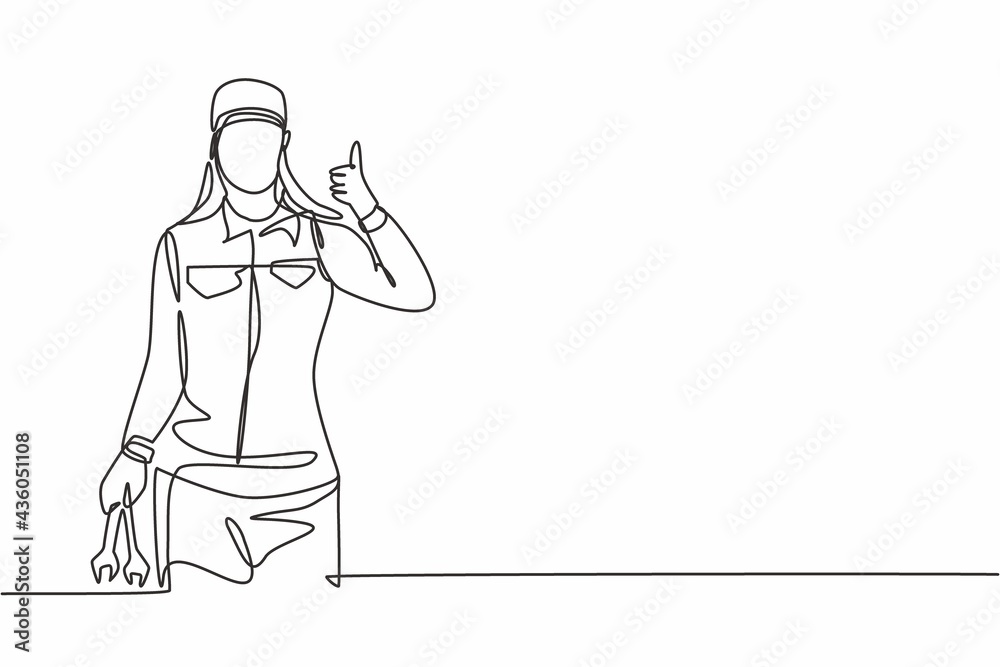 Single one line drawing of female mechanic with a thumbs-up gesture and ...