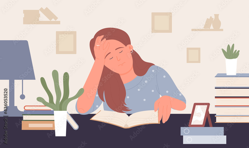 People study hard, tired young woman student vector illustration ...