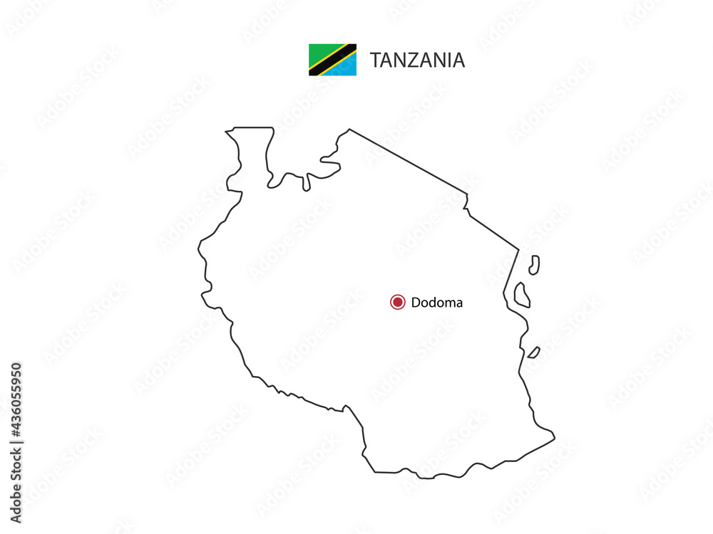 Hand draw thin black line vector of Tanzania Map with capital city ...