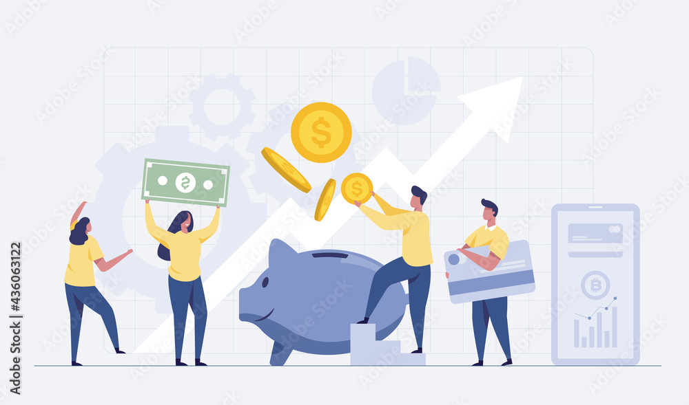 Saving money financial concept. Cartoon people inserting cash into ...