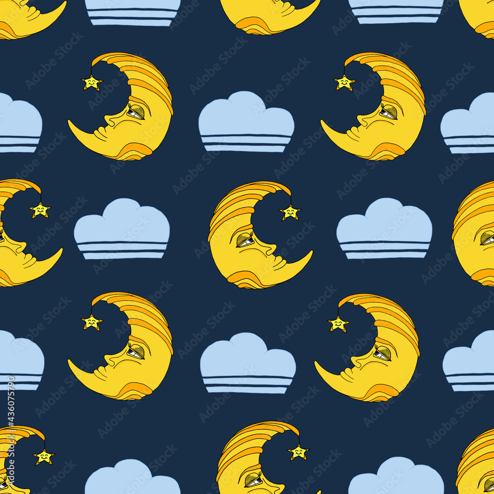 Pattern: moon in the night sky and clouds. Children's illustration ...