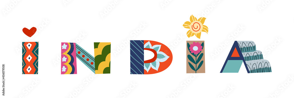 Indian country name, set of letters in cartoon decorative pattern ...
