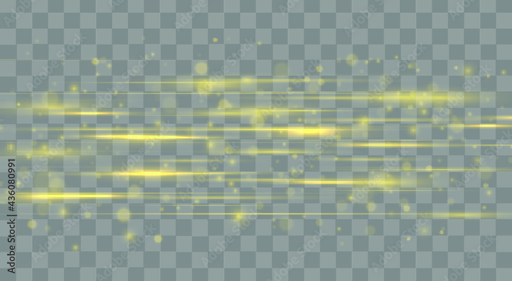 Set of yellow horizontal rays, lens, lines. Laser beams luminous ...
