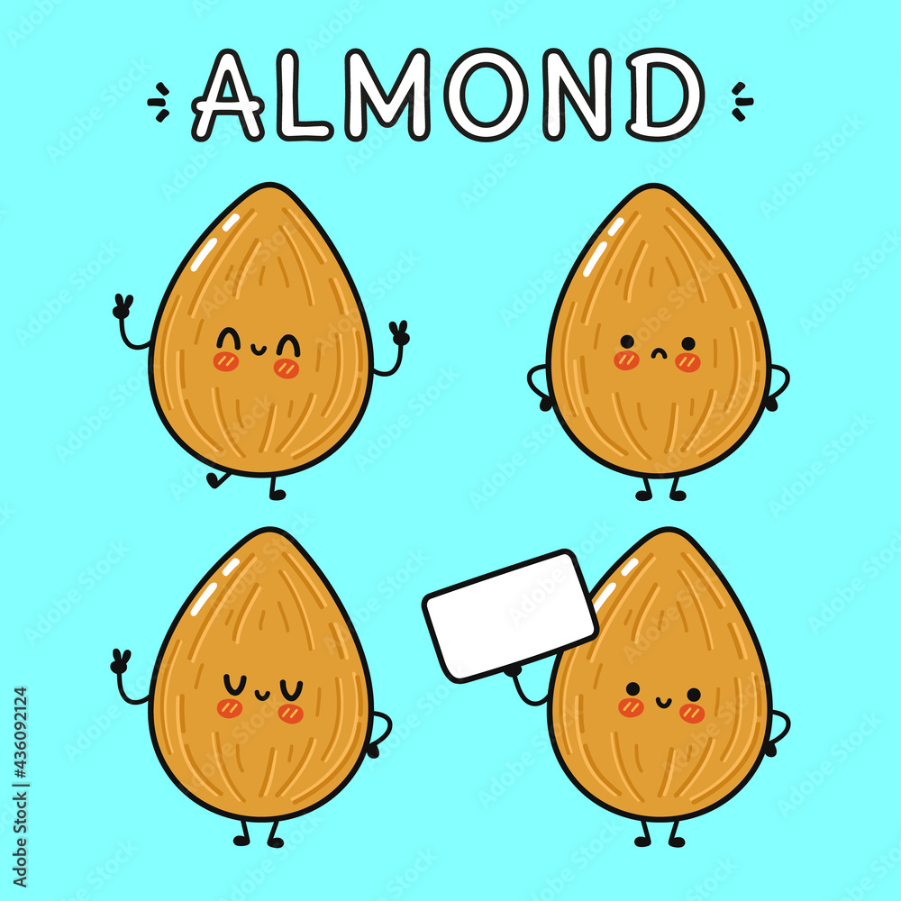Funny cute happy Almond characters bundle set. Vector kawaii line ...