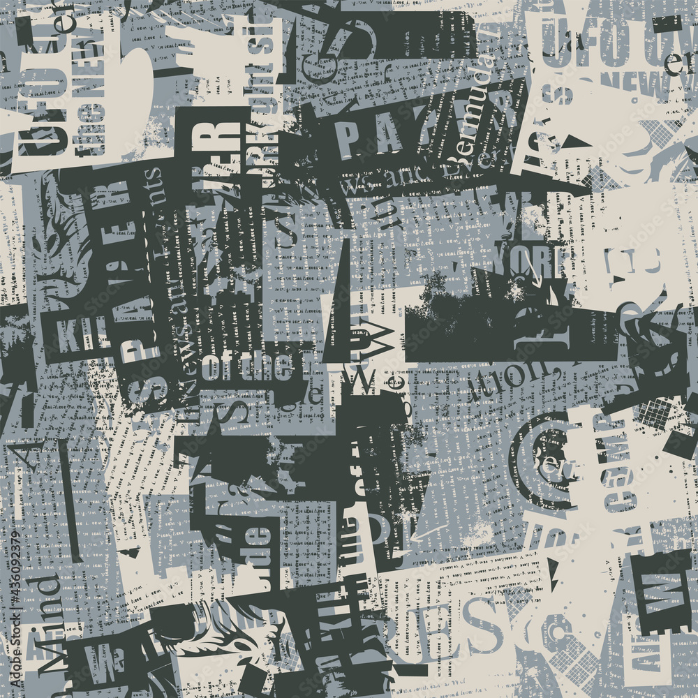 Abstract seamless pattern with chaotic text overlay on newspaper and ...