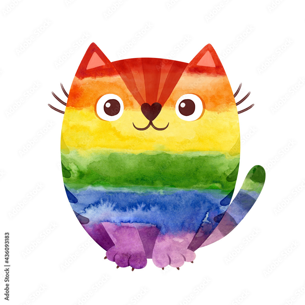 Multicolored Rainbow Cute Cat. Watercolor Clipart on White Background ...