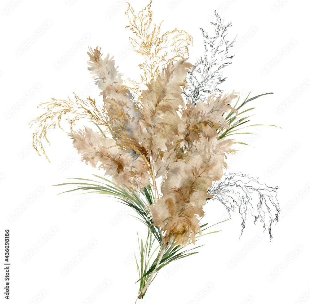 Watercolor tropical bouquet of green, black and gold pampas grass. Hand ...