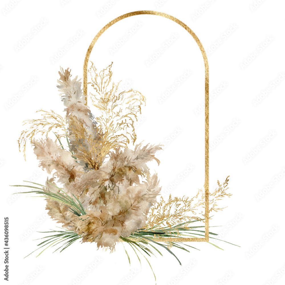 Watercolor tropical frame of gold linear pampas grass. Hand painted ...