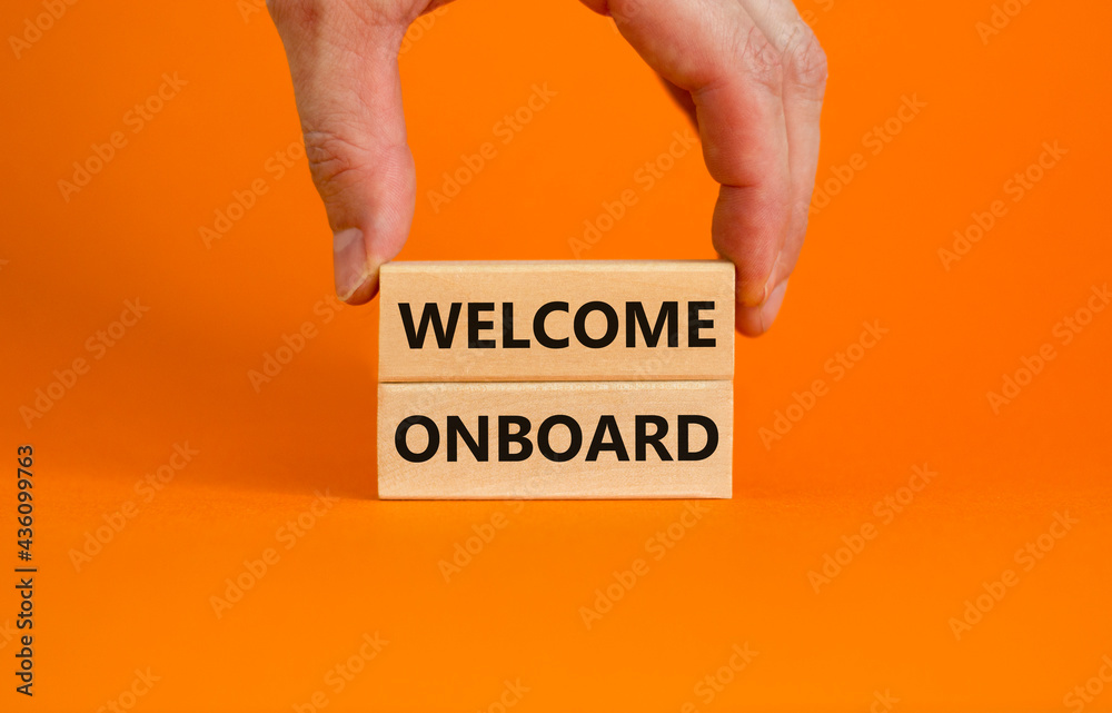 Welcome onboard symbol. Wooden blocks with words 'Welcome onboard' on ...