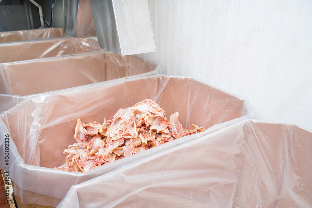 Meat processing plant.Production line of meat.Chicken bones in a large ...