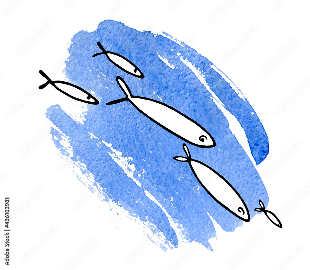 Flock of blue cesium fish. Set of black and white fishes in doodle ink ...