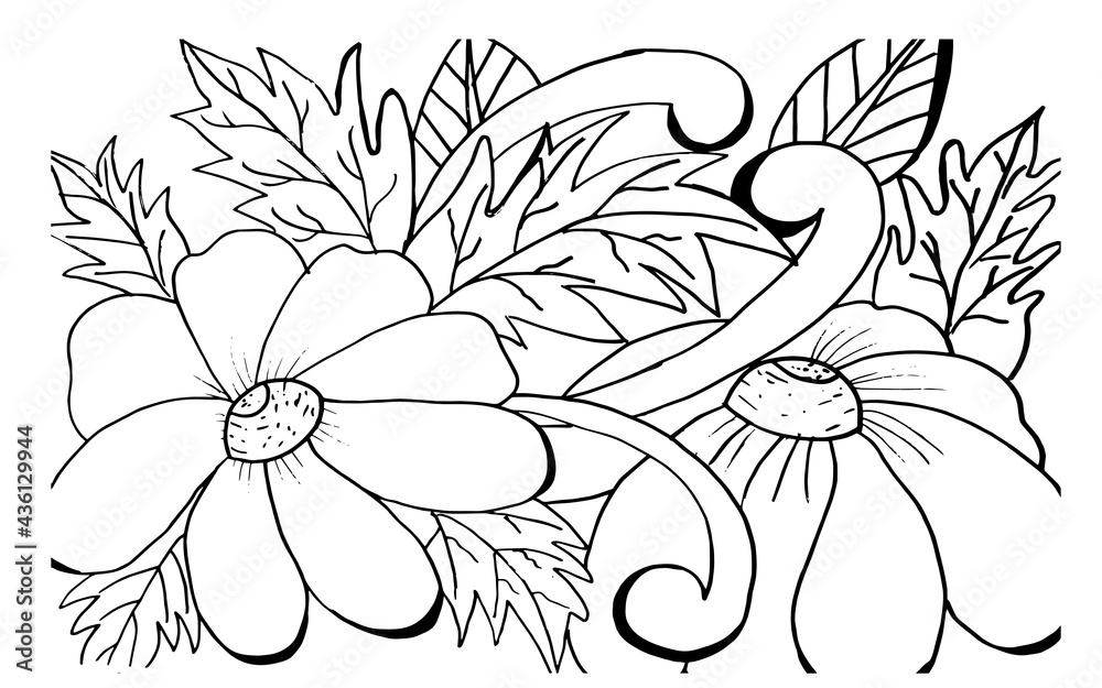 hand drawn flowers coloring page,flower vector coloring page,line art ...