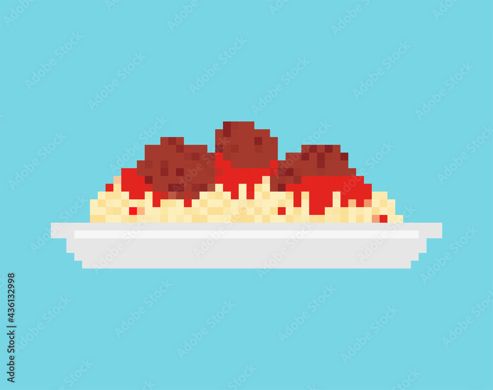 Pasta with meatballs pixel art 8 bit. Food pixelated vector ...