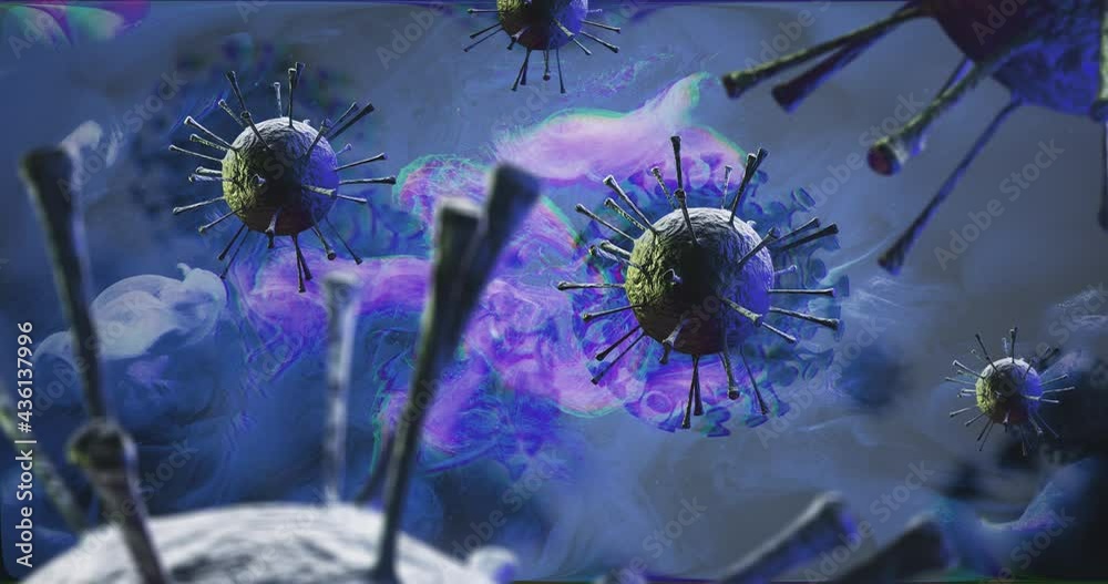 Blue biohazard pathogen viruses nucleus on bloodcell fire. Close up ...