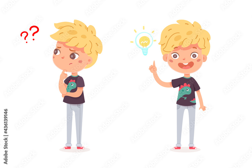 Thoughtful boy thinking and getting idea. Little pensive child standing ...