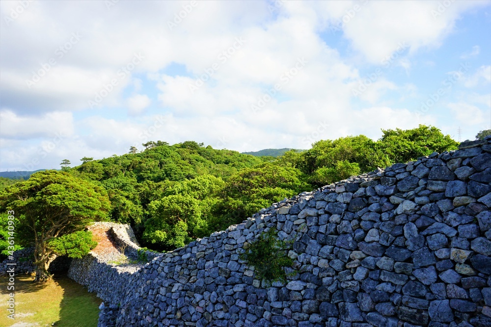 Aerial view of Nakijinjo castle ruins and the stone wall in Okinawa ...