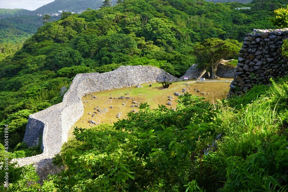 Aerial view of Nakijinjo castle ruins and the stone wall in Okinawa ...