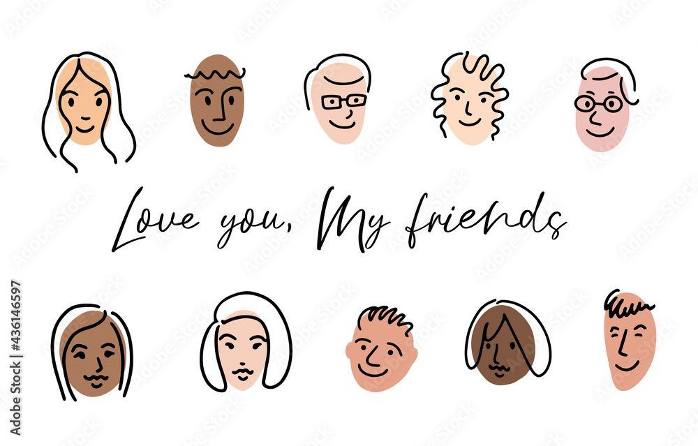 Happy friends doodle portrait. Doodle avatar set. Woman, boy, girl ...