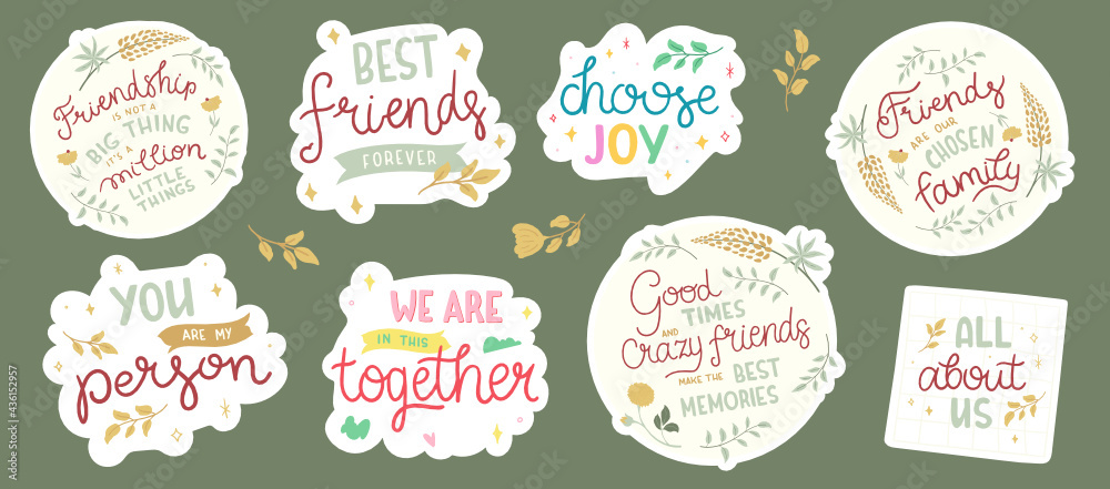 Set of stickers about friends and friendship. Collection of hand drawn ...