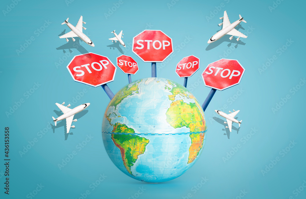 Flight ban and closed borders for tourists and travelers. No-fly zone ...