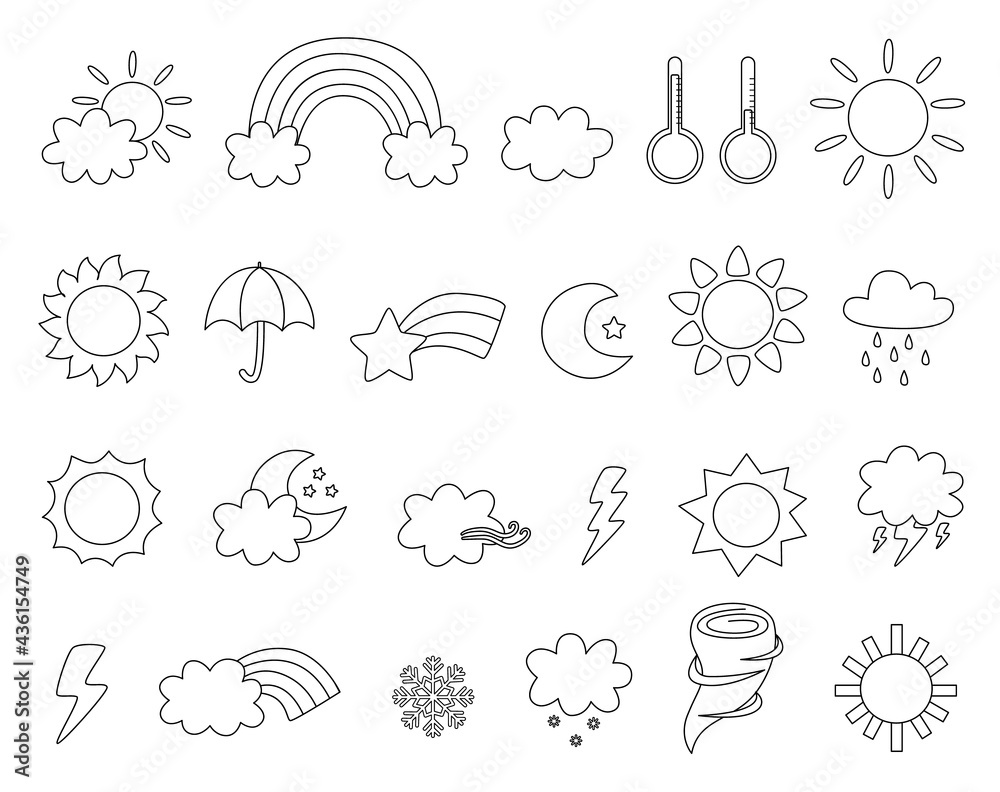 Set of cute black and white weather icons. Coloring page for kids ...