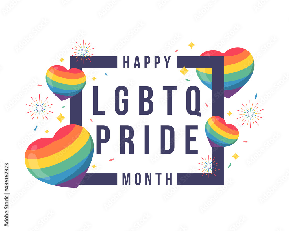 Happy LGBTQ pride month text in frame with around rainbow hearts ...