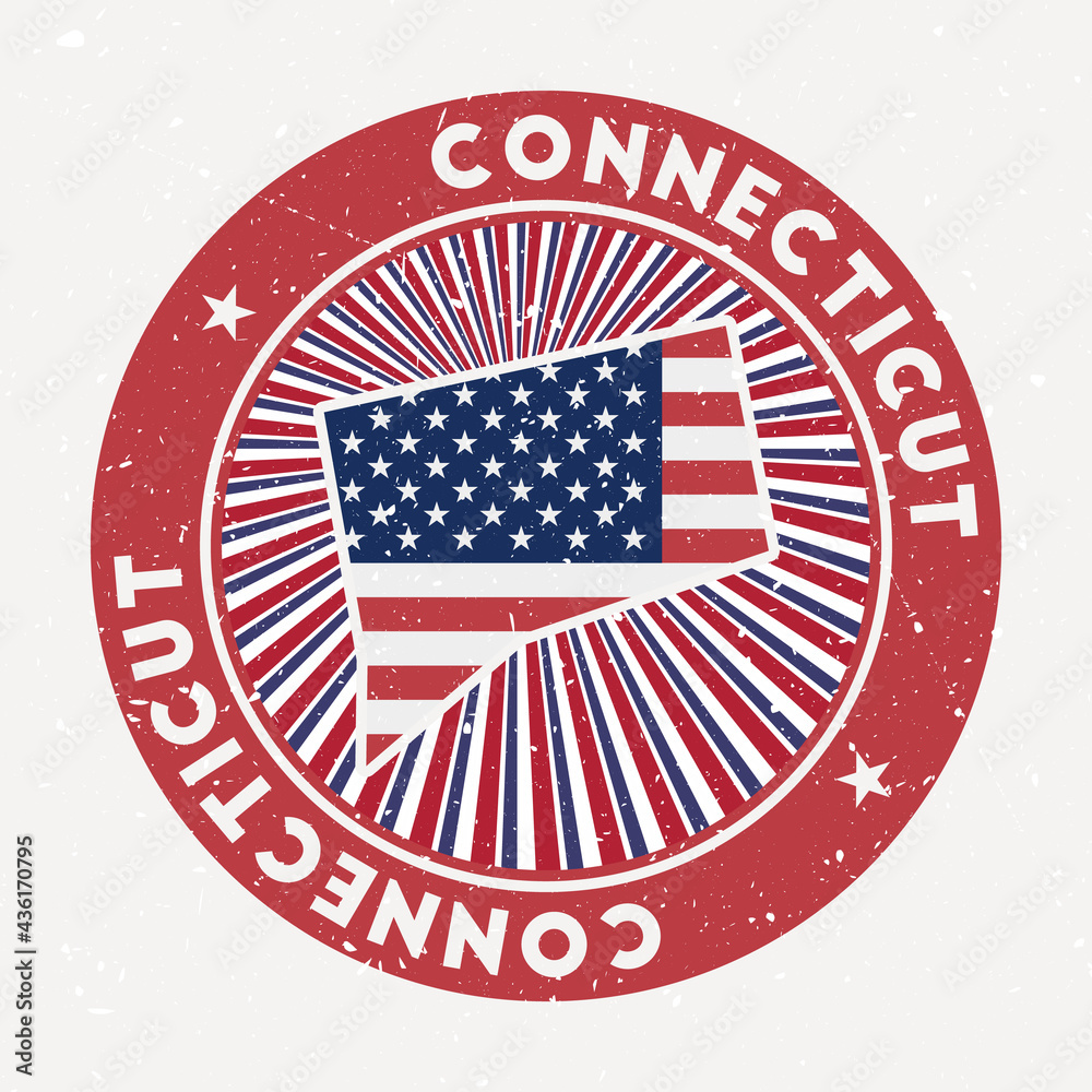 Connecticut round stamp. Logo of us state with flag. Vintage badge with ...