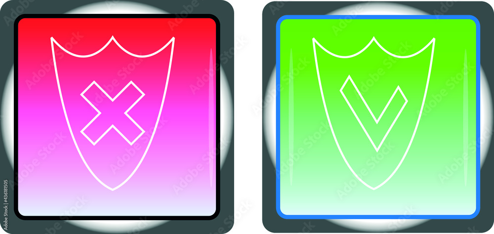 green signs with a shield and a check mark and a red sign with a shield ...