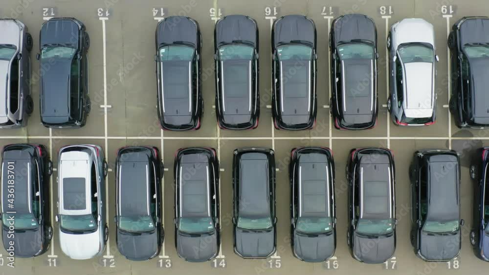 Aerial top down view of the car park of a car dealership or customs ...