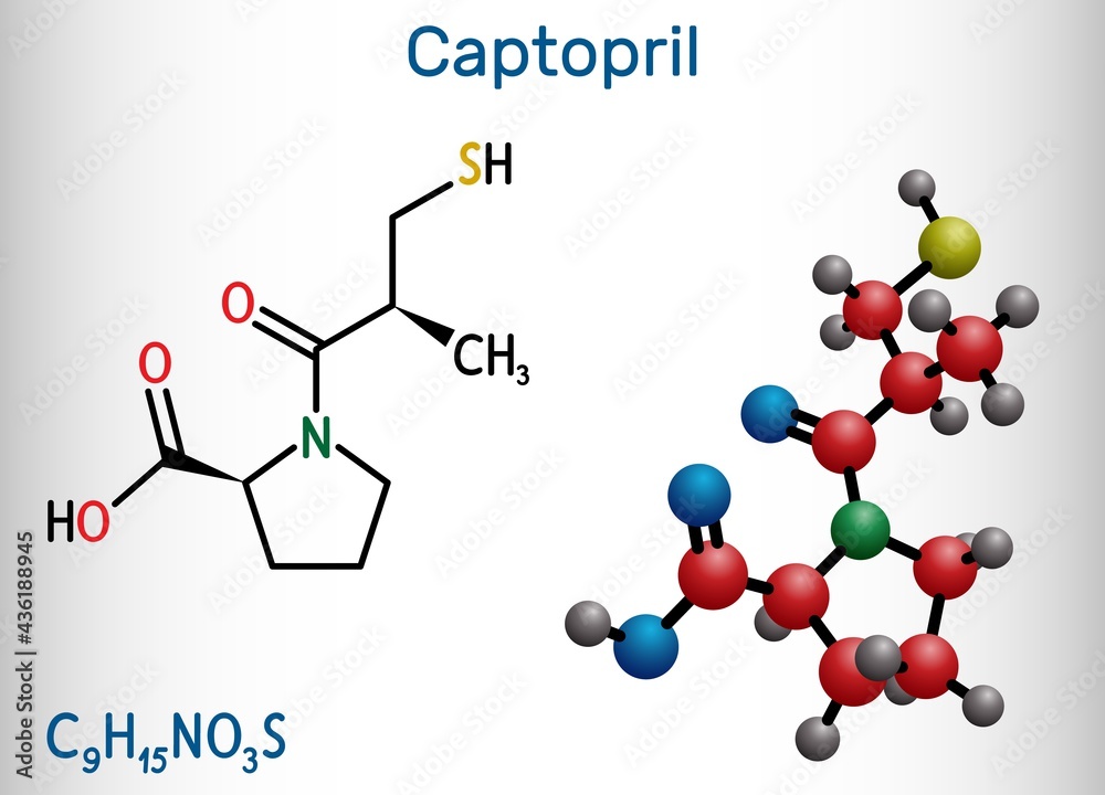 Captopril molecule. It is angiotensin-converting enzyme inhibitor, ACE ...