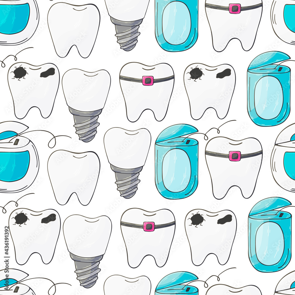 Seamless pattern on a white background. Cartoon teeth. Background for ...