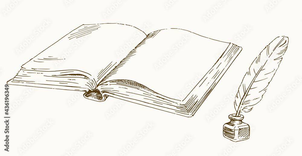 Quill pen and inkwell, old book. Hand drawn illustration. Stock Vector ...