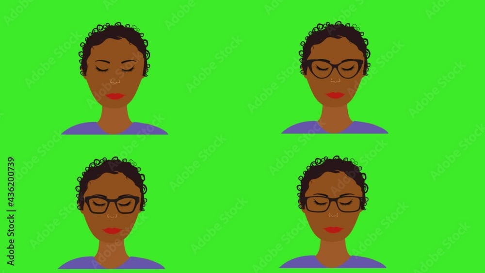 Cartoon women face avatar animation, moving and blinking eyes, on green ...