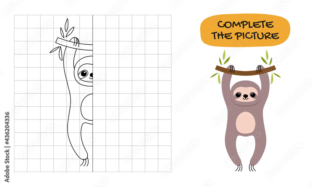 A cute sloth hangs on a branch. Copy the symmetrical pattern across the ...