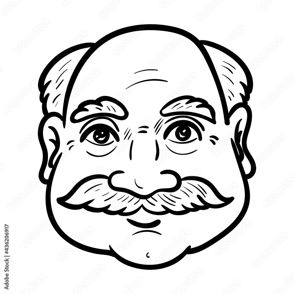 monochrome comic head of an old man with a beard and bald head. Stock ...