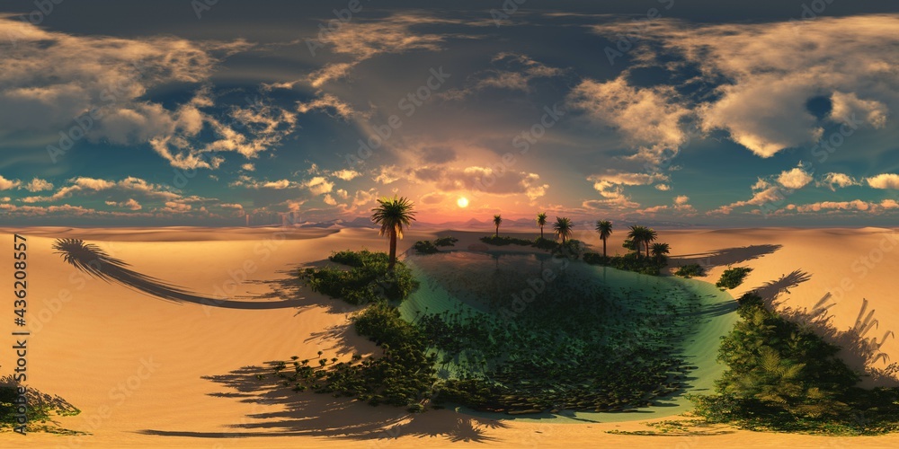 Oasis at sunset in a sandy desert. Environment map. HDRI . equidistant ...