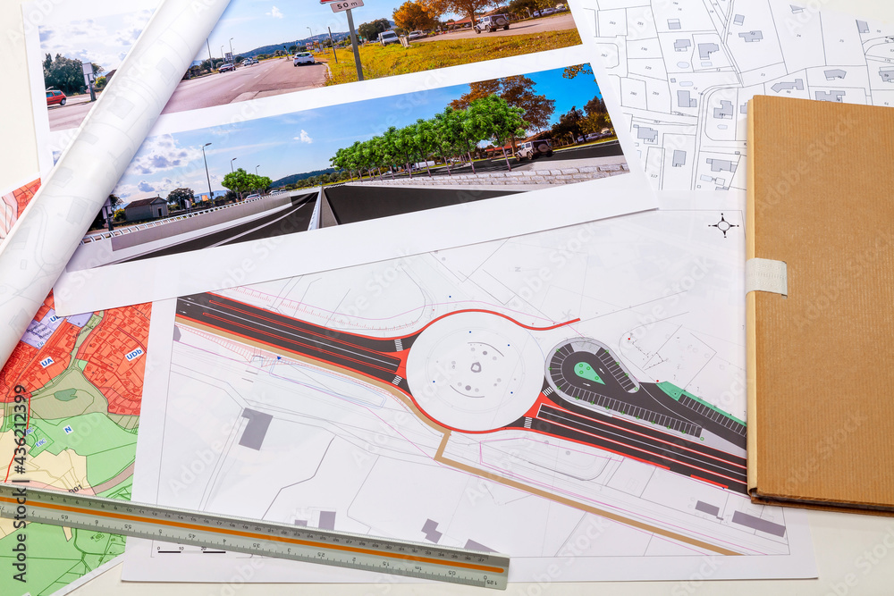 Plan, carte et photomontage d'un projet routier d'aménagement du ...