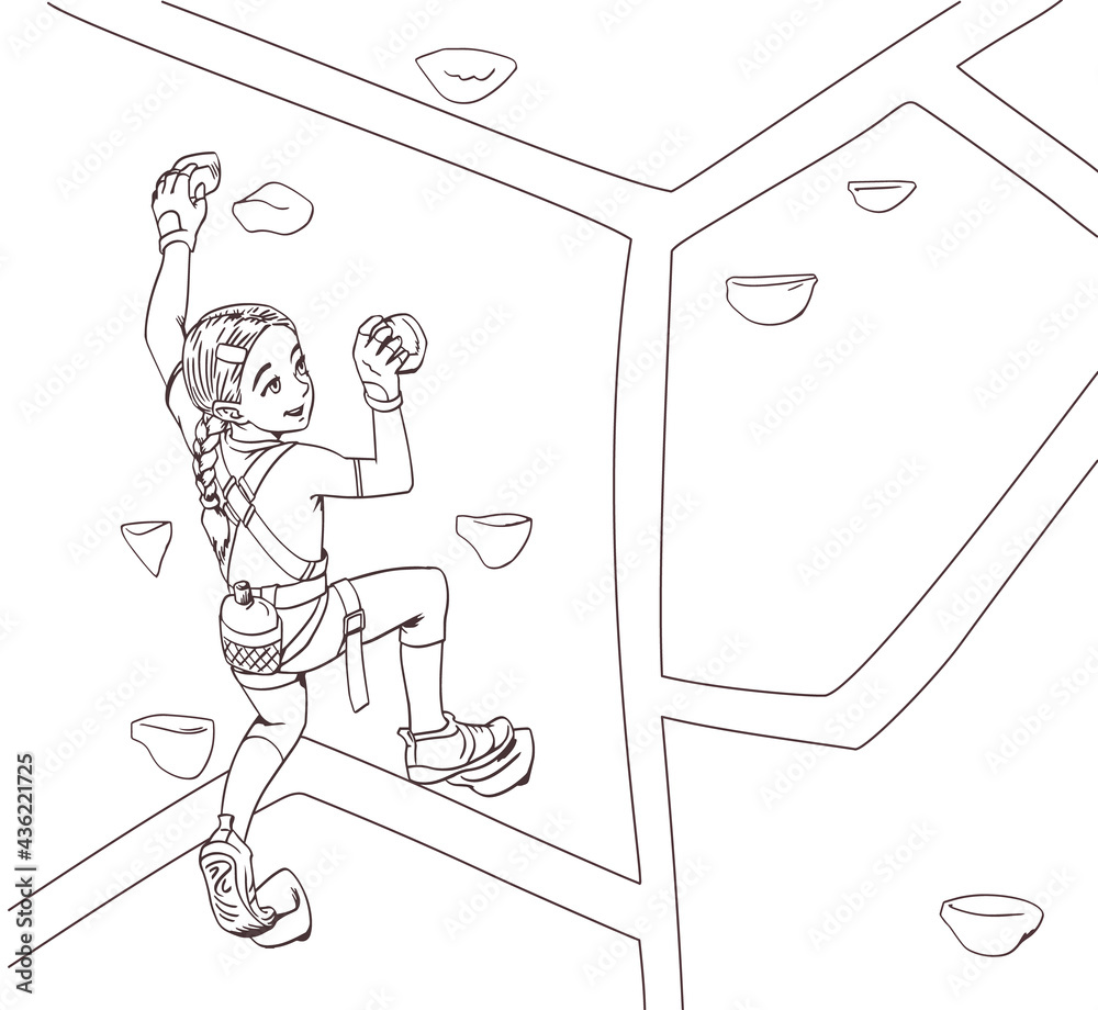 Girl climber climbs the mountain. Coloring book anti stress design for ...