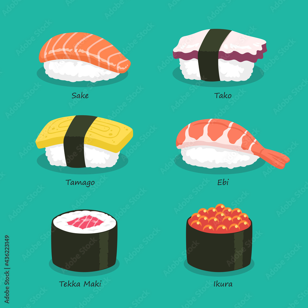 Nigiri Sushi icon set with names, Sake, Tako, Tamago, Ebi, Tekka Maki ... Nigiri Sushi icon set with names, Sake, Tako, Tamago, Ebi, Tekka Maki ...