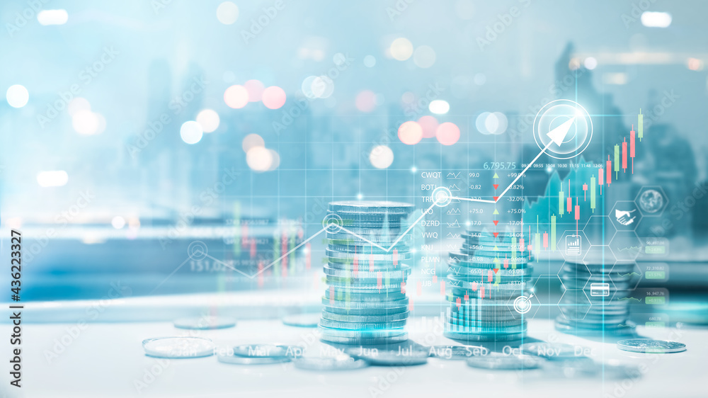 Financial information on country background, stacks of coins with ...