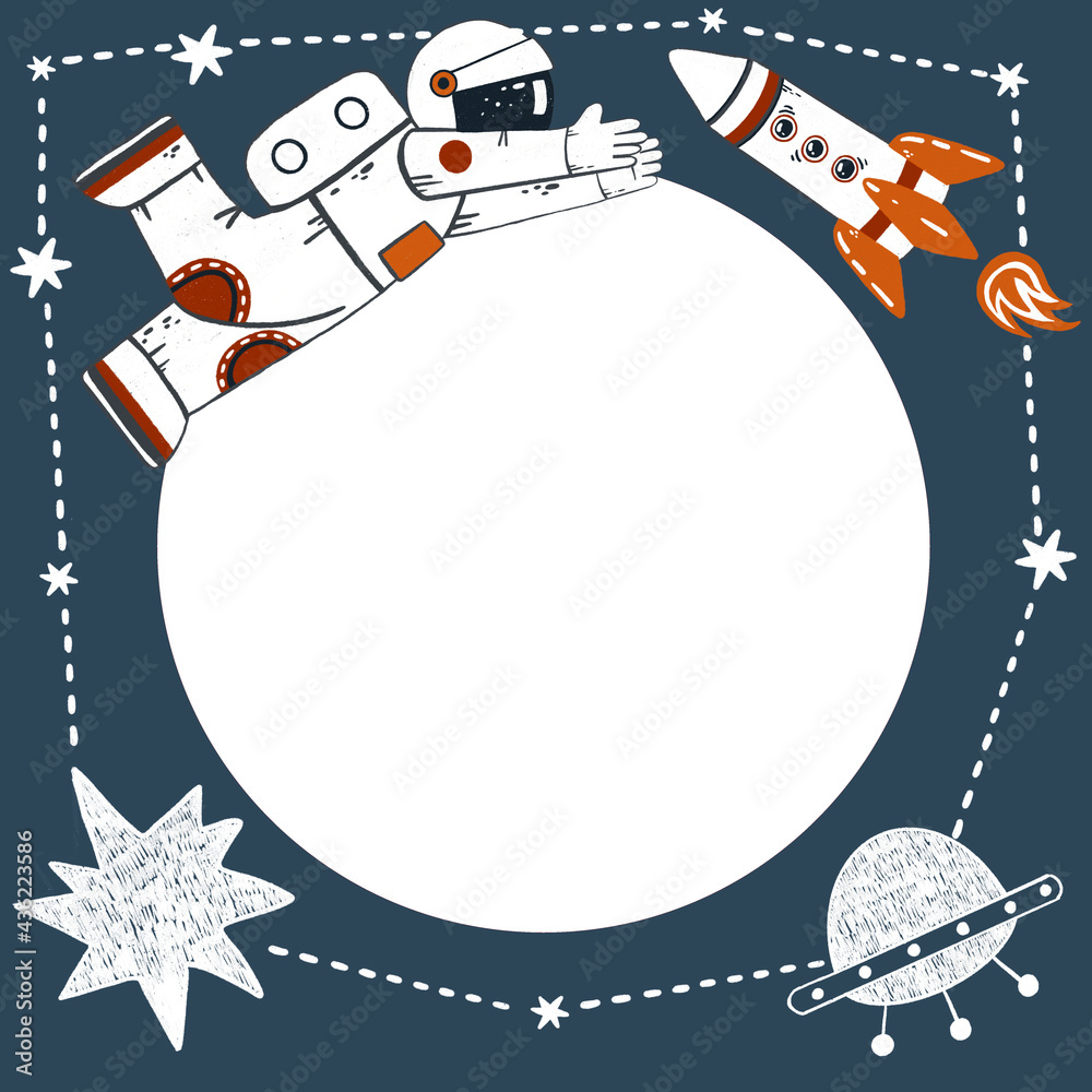 Astronauts illustration banner. Circle border frame. Earth planet and ...
