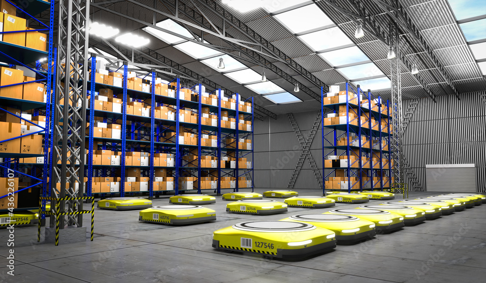Warehouse with packages, rack shelves and robots - 3D illustration ...