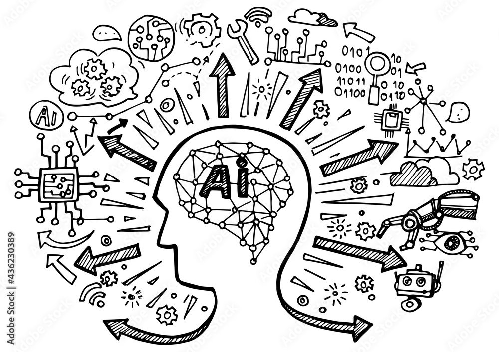 AI artificial intelligence doodle with technology stuff vector ...