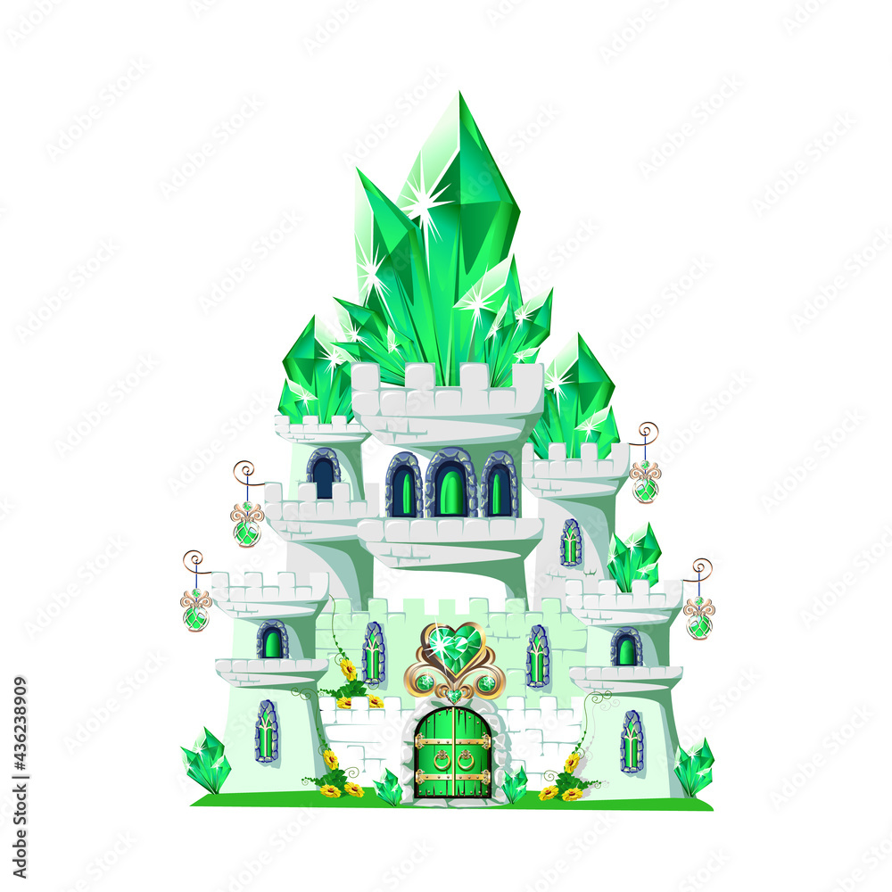 Emerald princess castle with green crystals, towers and green gates ...