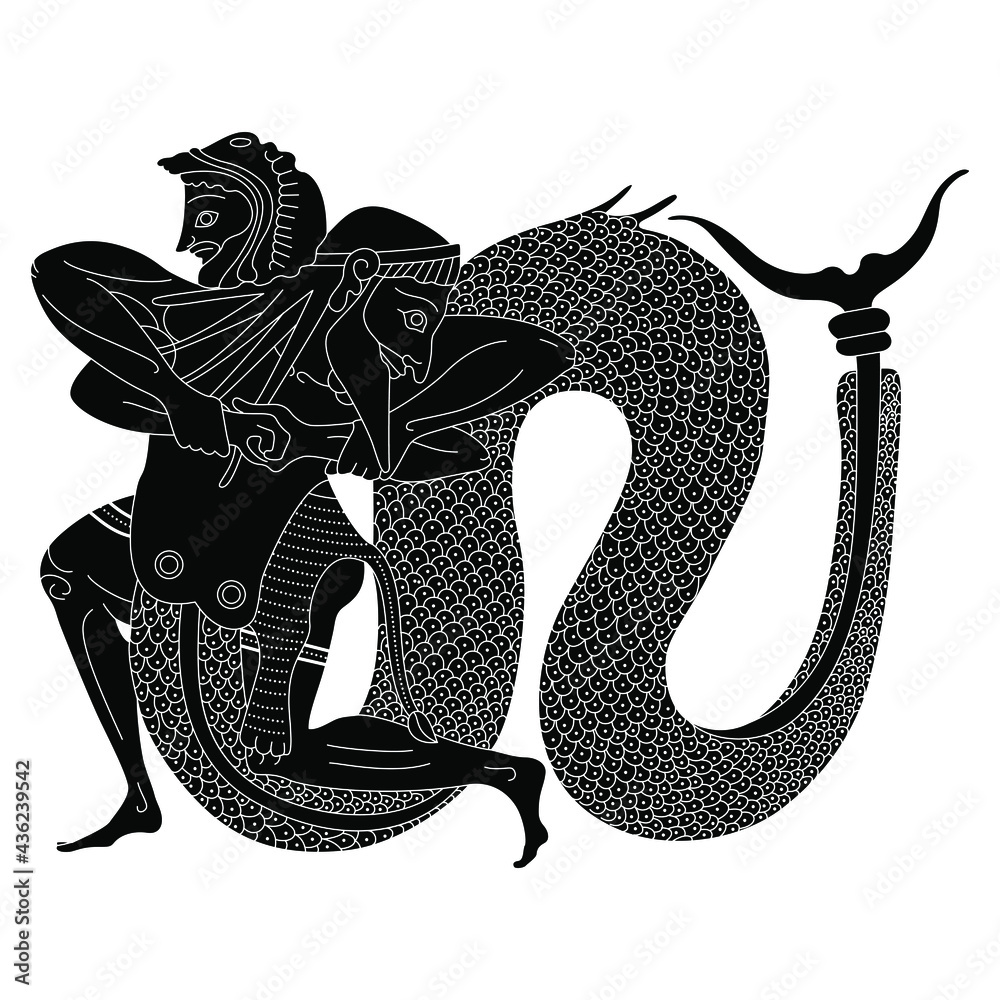 Ancient Greek vase painting motif. Heracles struggling with river god ...