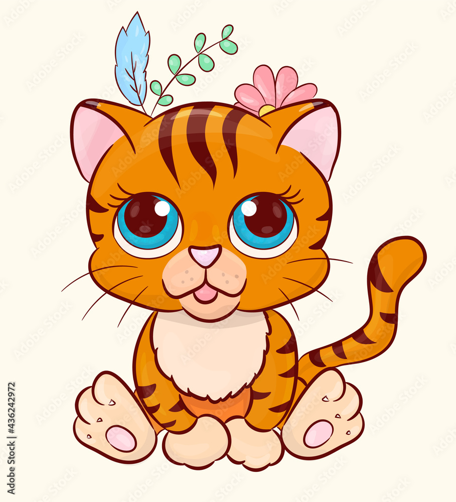 Cute tiger character made in cartoon style. Wild baby cat with big blue ...