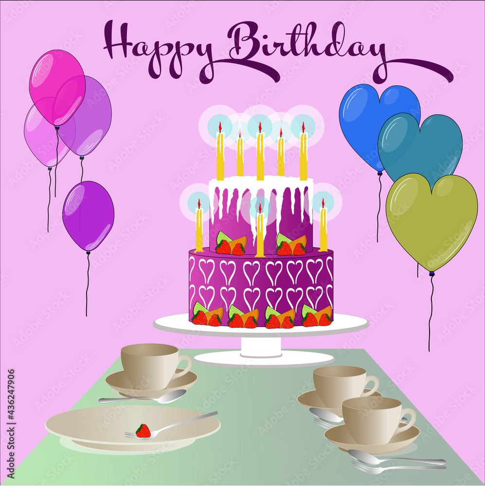 Happy birthday greeting card with a cake, balloons cup and saucer ...