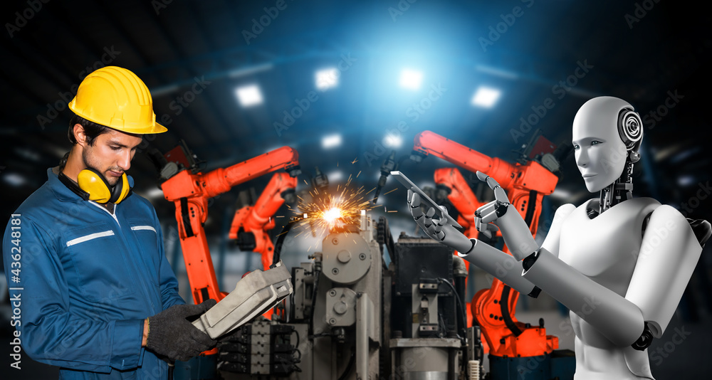 Mechanized industry robot and human worker working together in future ...