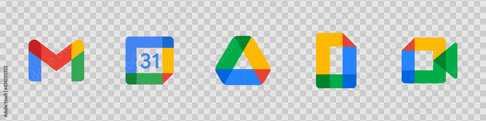 Google icons. Gmail, chrome, disk, photo, maps, calendar, google meet ...